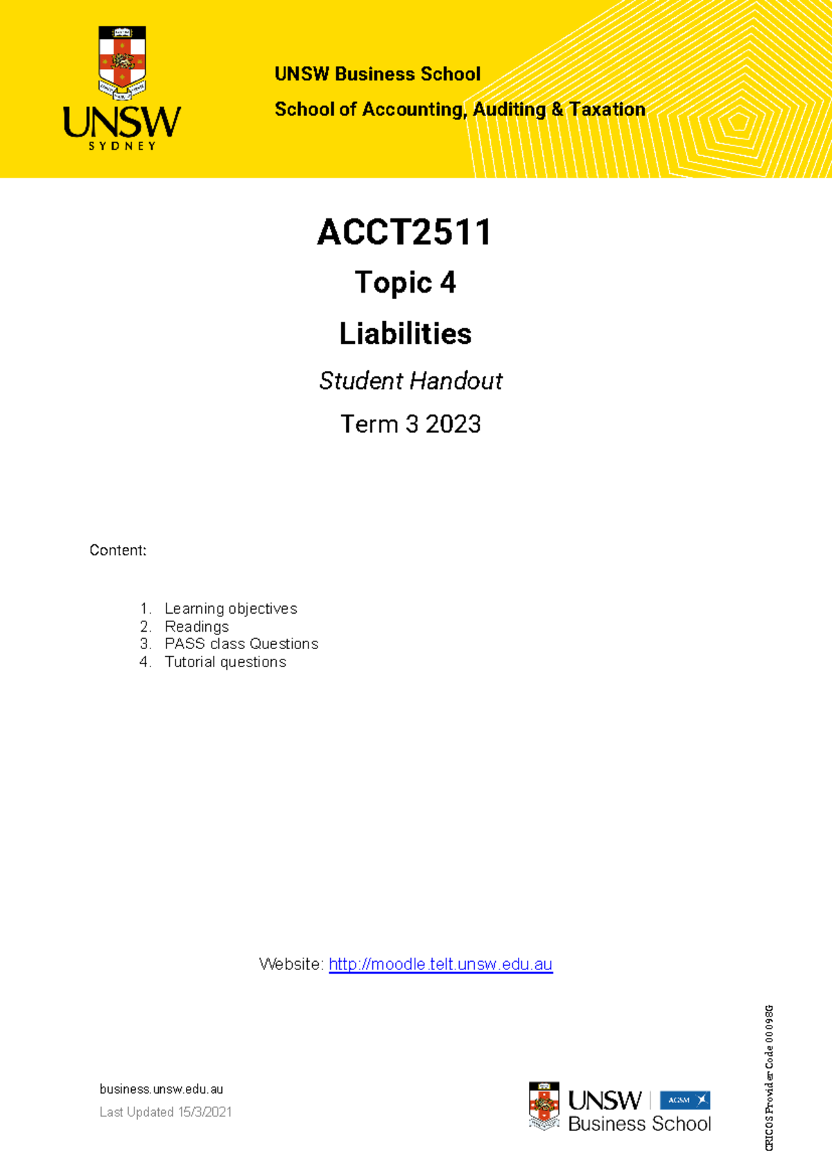 1. Topic 4 Handout 2023 T3 - CRICOS Provider Code 00098G UNSW Business ...