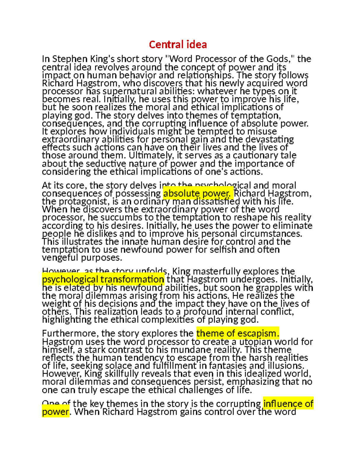 Central idea of Word processor of Gods - Central idea In Stephen King's ...