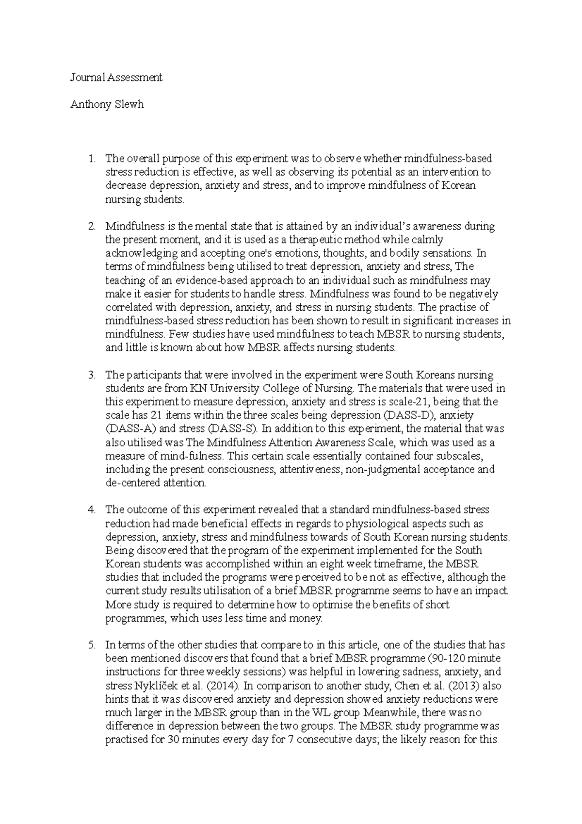 Journal Assessment - Psychology 1B - Journal Assessment Anthony Slewh ...