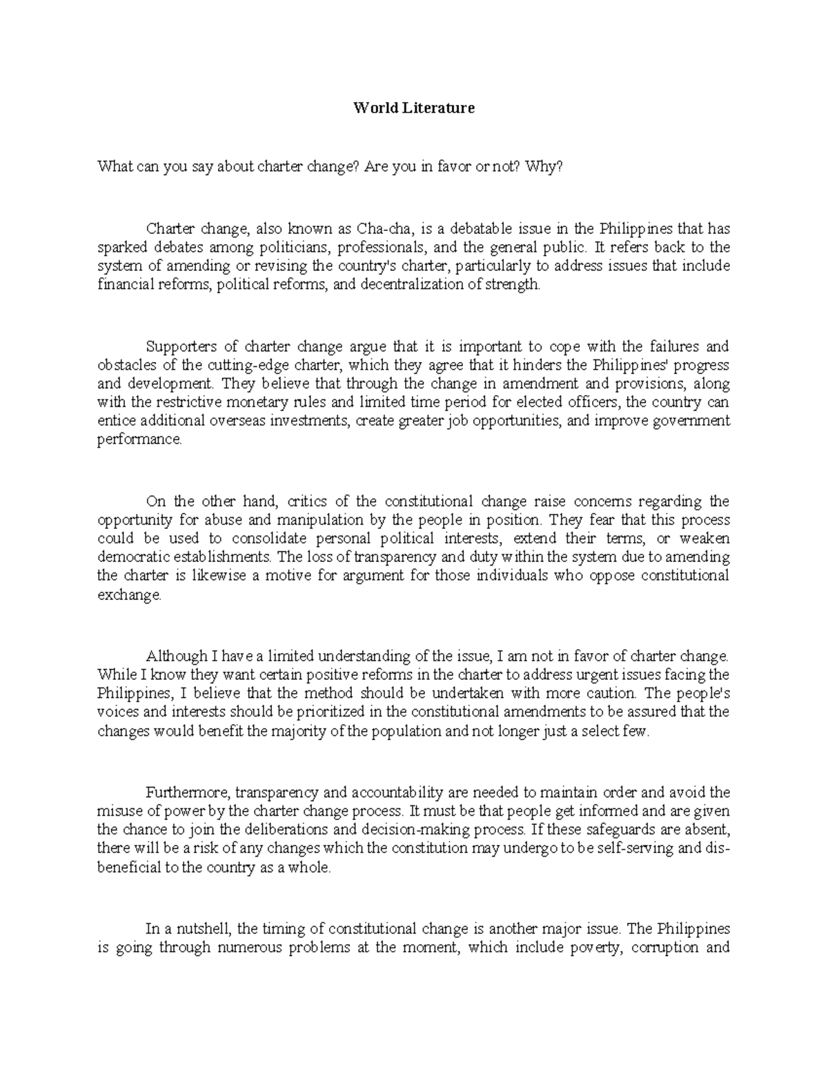 Charter Change - World Literature What can you say about charter change ...
