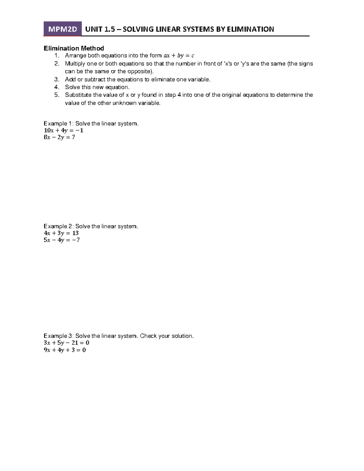 1 5 Solving Linear Systems By Elimination MPM2D UNIT 1 SOLVING