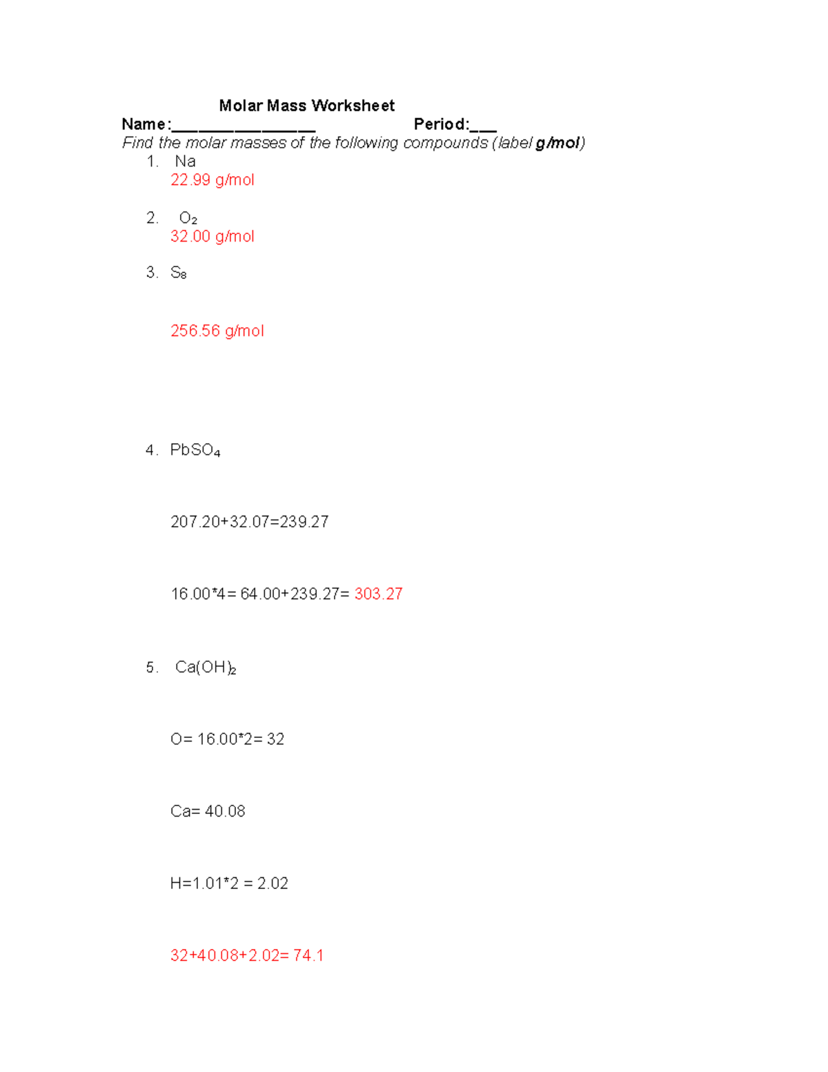 Copy of Molar Mass Worksheet Student Version - Molar Mass Worksheet ...