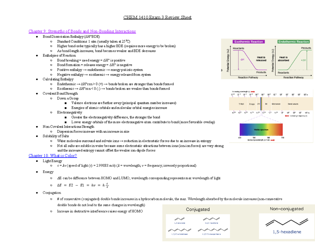 CHEM 1410 Exam 3 Review Sheet - CHEM 1410 Exam 3 Review Sheet Chapter 9: Strengths of Bonds and ...