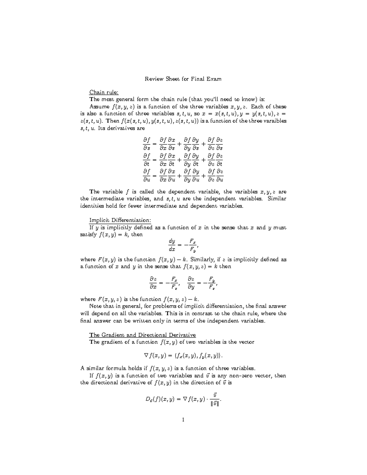 Part 3 of Calculus III Review - Review Sheet for Final Exam Chain rule ...