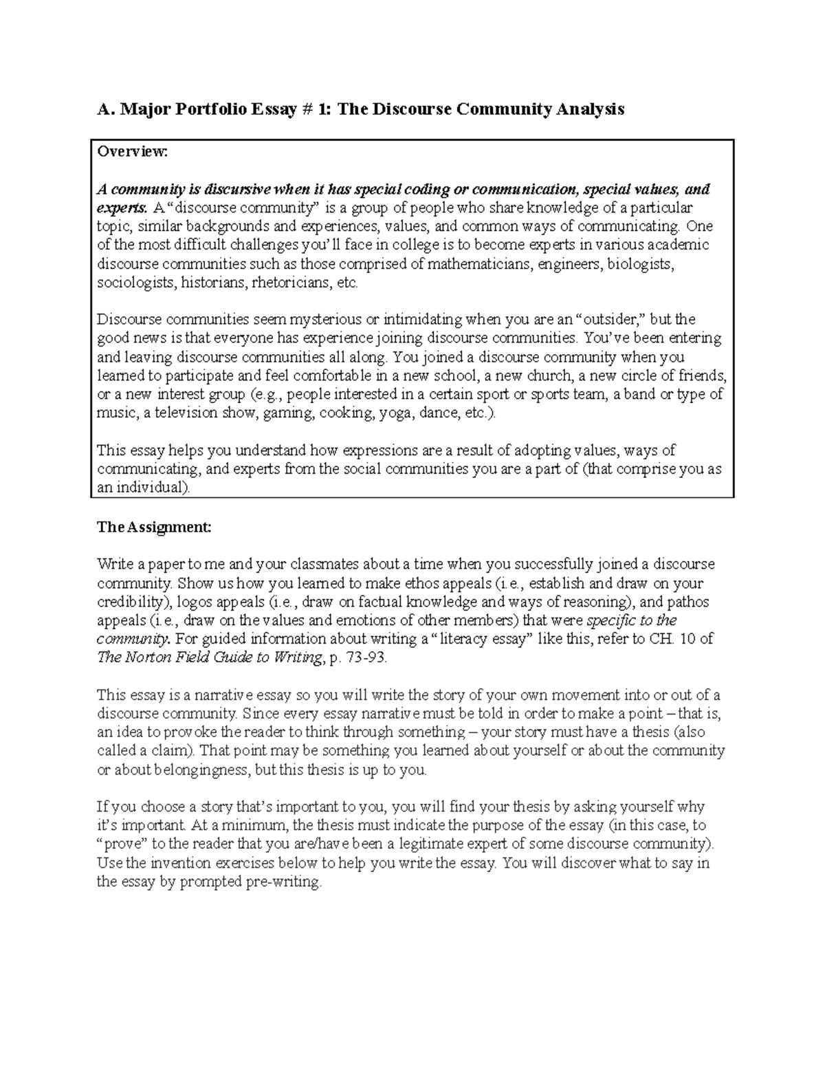 DCA Assignment Sheet - Details on it - A. Major Portfolio Essay # 1 ...