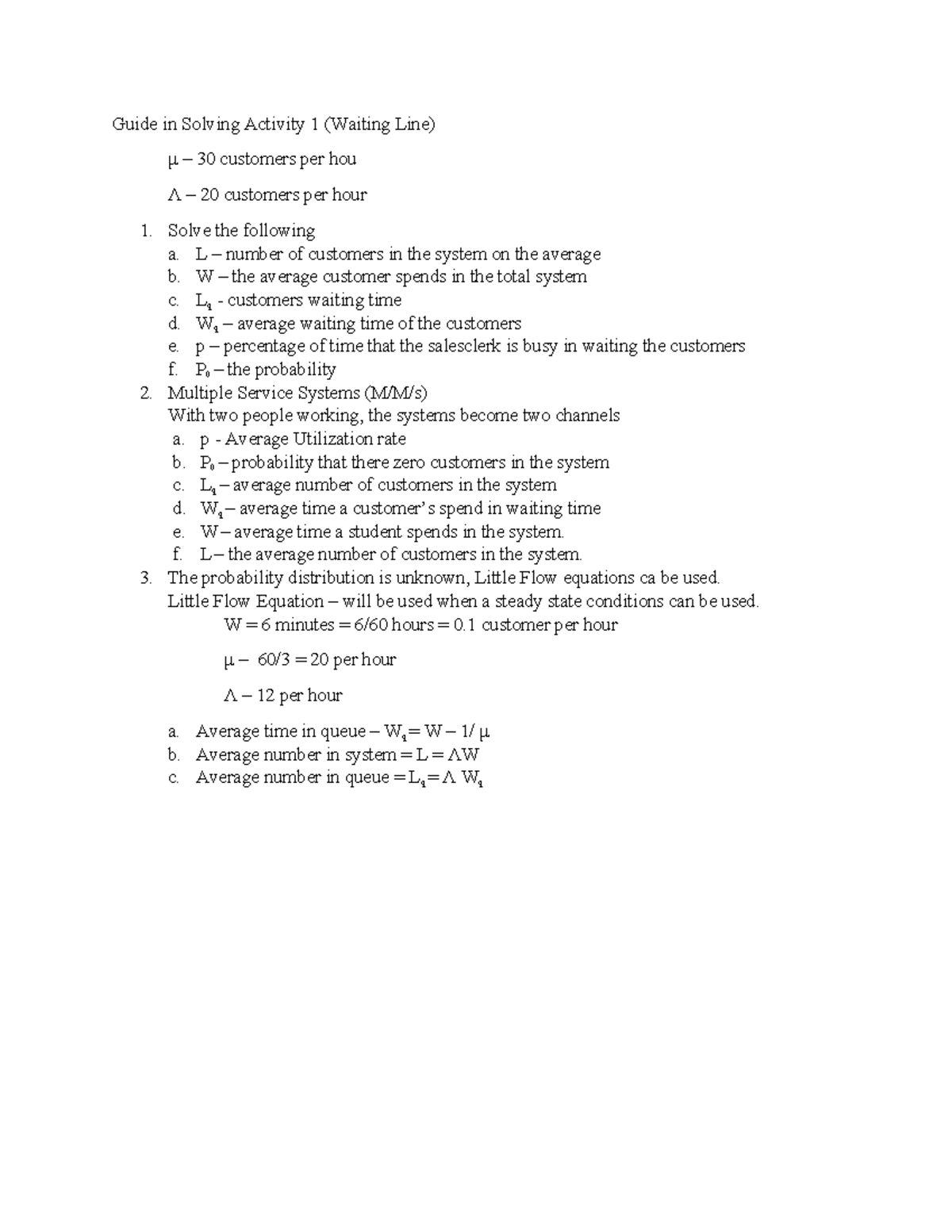 Guide in Solving Waiting line - Guide in Solving Activity 1 (Waiting ...