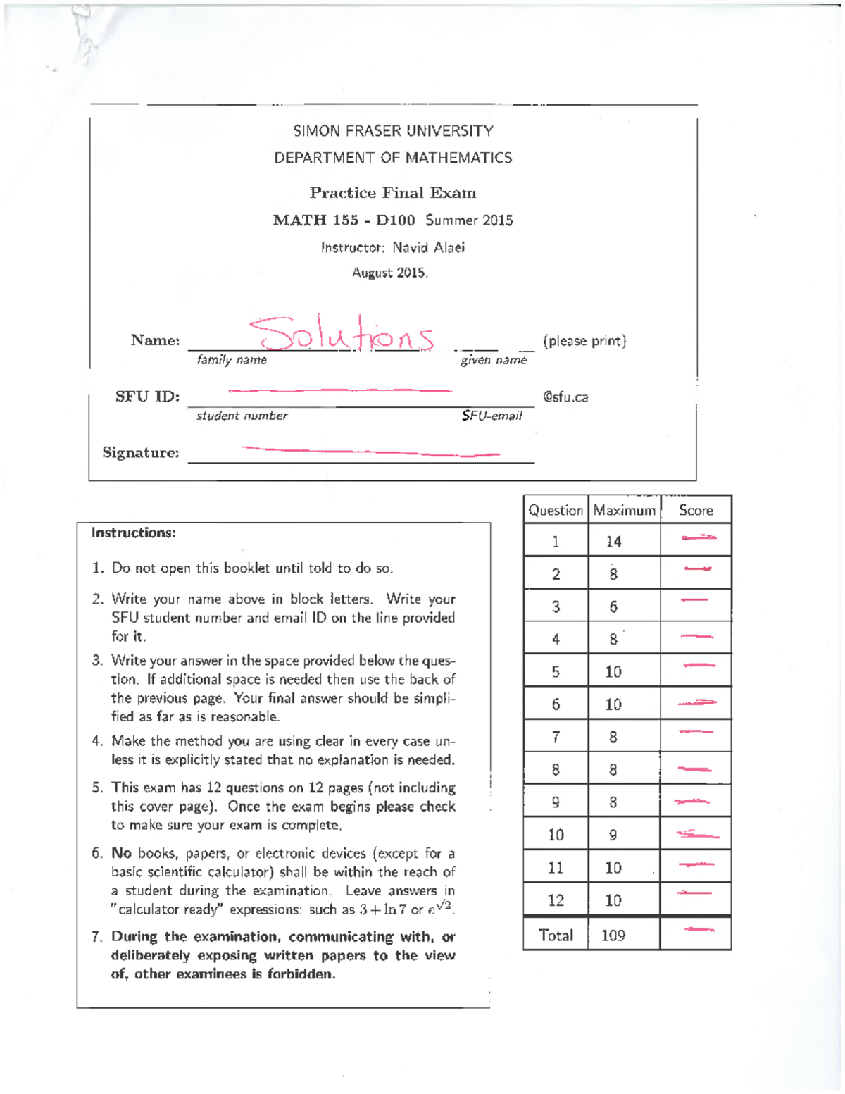 Calculus II for the Biological Sciences Practice Final Solution - MATH ...