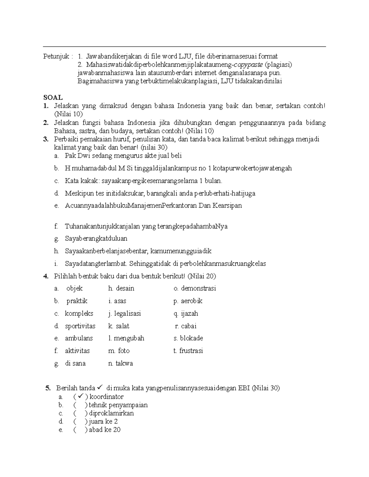 Bindo soal - Contoh soal bahasa indonesia - Petunjuk : 1 ...