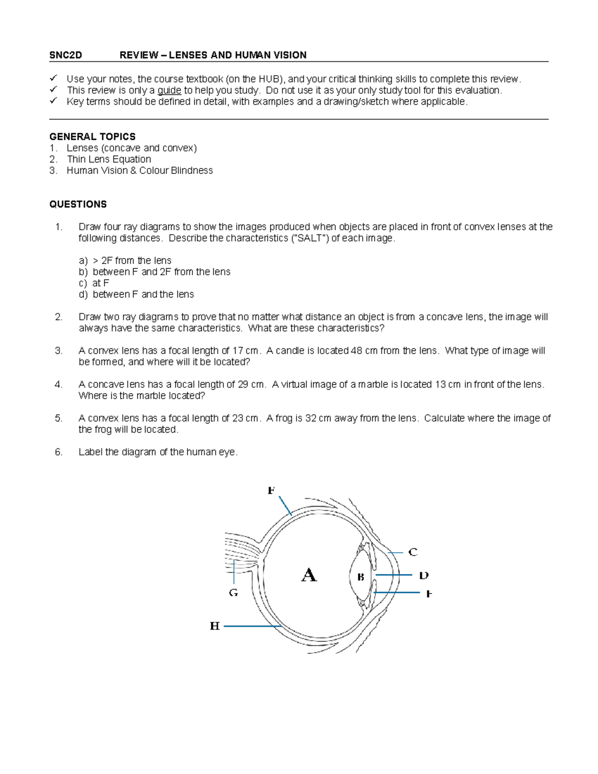 Review - Lenses AND Human Vision 2 - SNC2D REVIEW – LENSES AND HUMAN ...