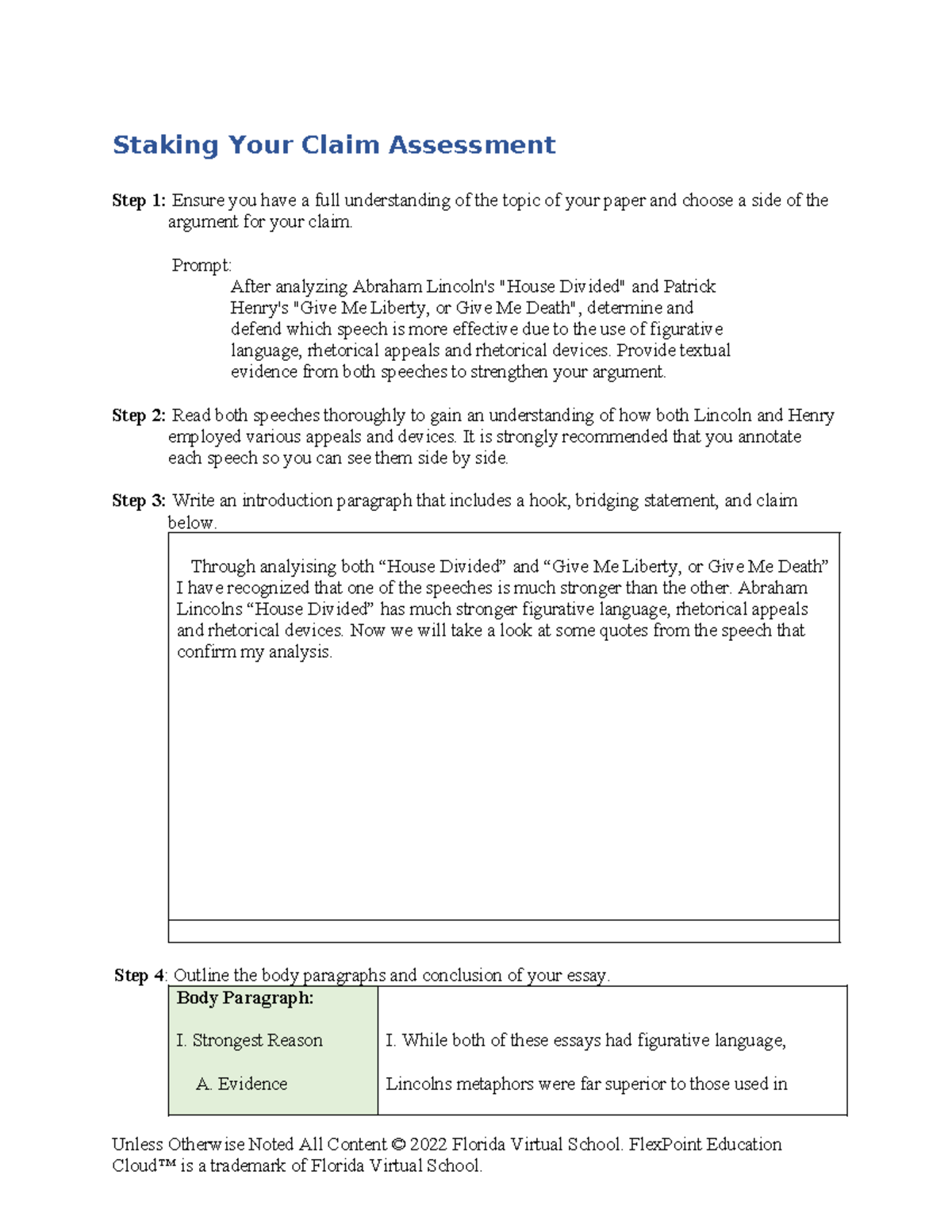 English 4 - Staking Your Claim Assessment Step 1: Ensure you have a ...