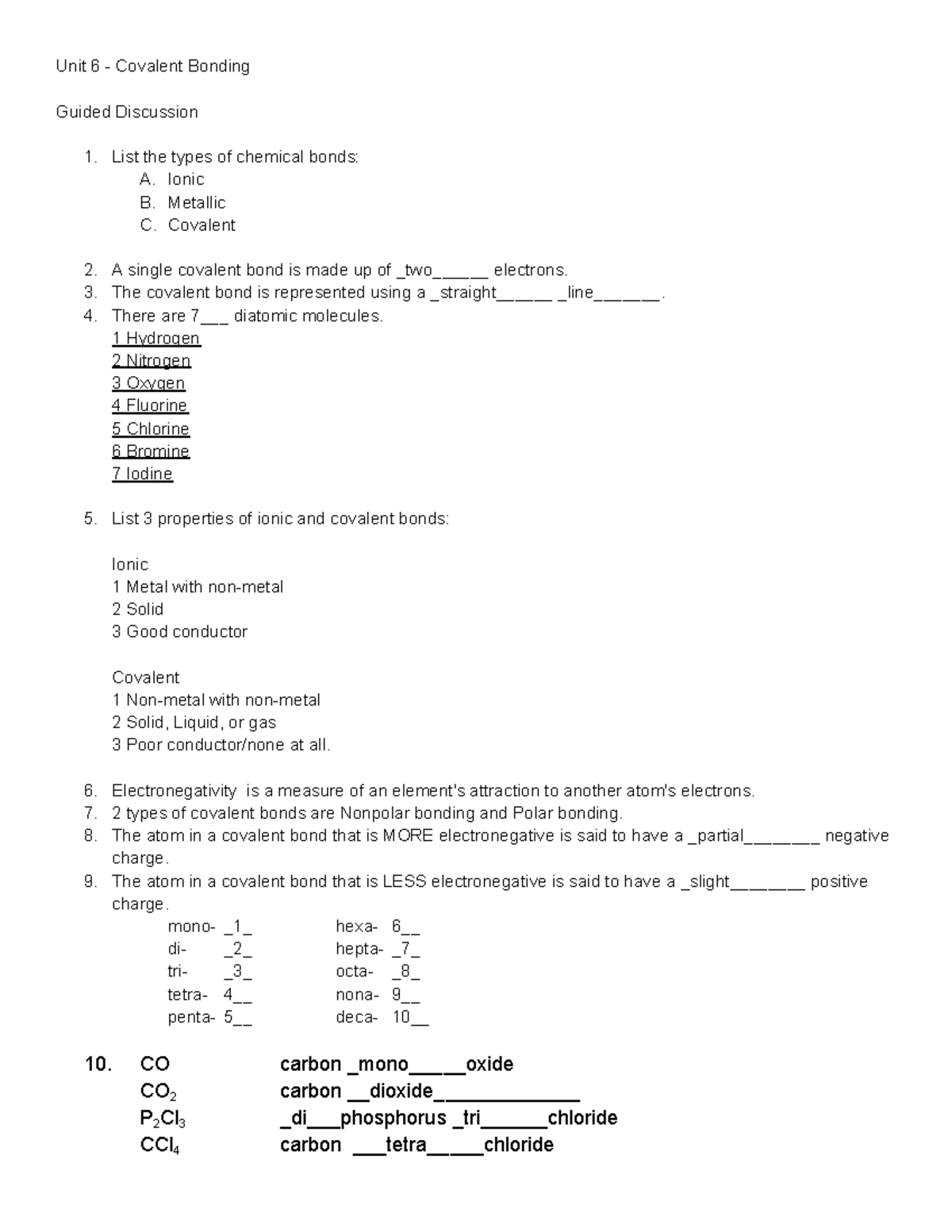 Copy of Unit 6 - Covalent Bonding Guided Discussion - Unit 6 - Covalent ...