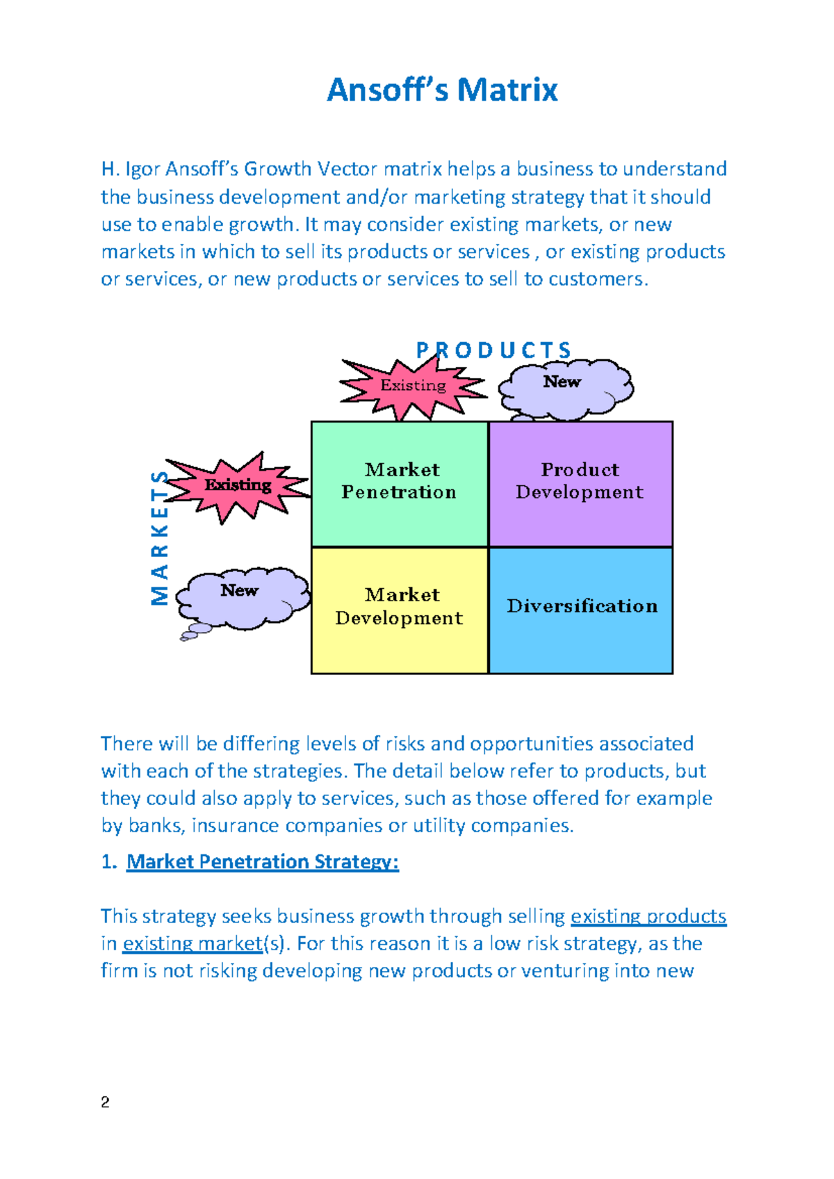 Ansoff sm kc - 2 Ansoff’s Matrix H. Igor Ansoff’s Growth Vector matrix ...