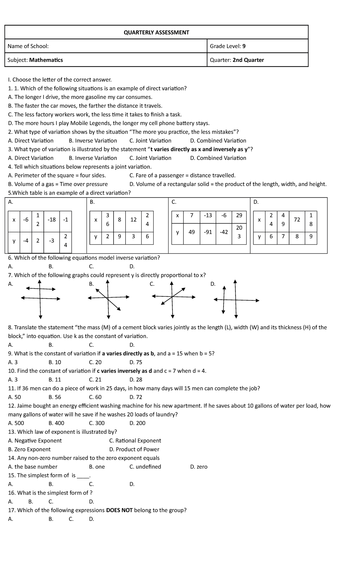 TEST Math9 Q2 - Test in Mathematics for Quarter. - QUARTERLY ASSESSMENT ...