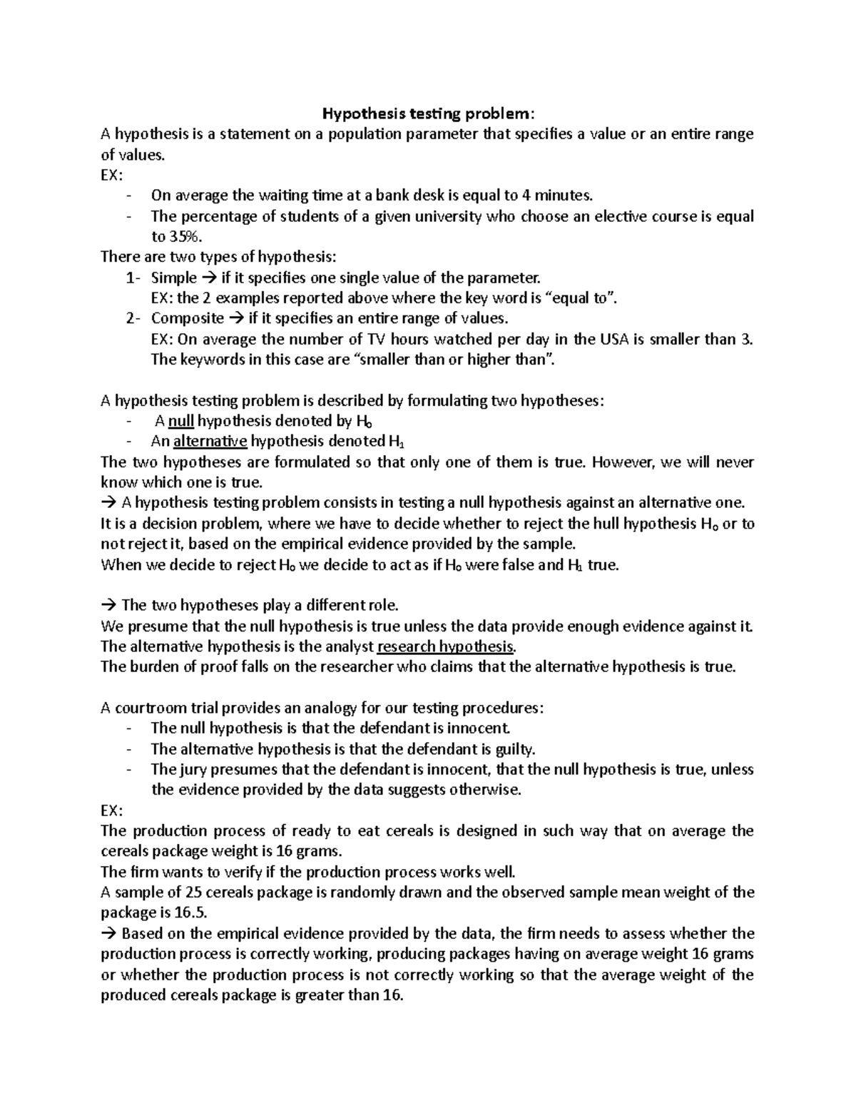 Statistics 3rd part - Hypothesis testing problem : A hypothesis is a ...