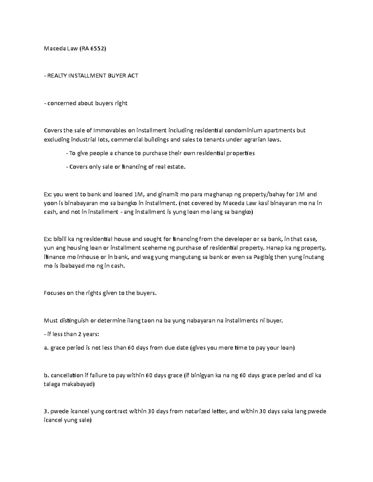 Law on Sales lecture notes 2 - Maceda Law (RA 6552) REALTY INSTALLMENT ...