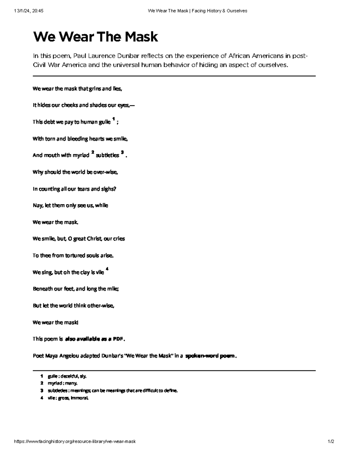 We Wear The Mask Facing History Ourselves - 13/1/24, 20:45 We Wear The ...