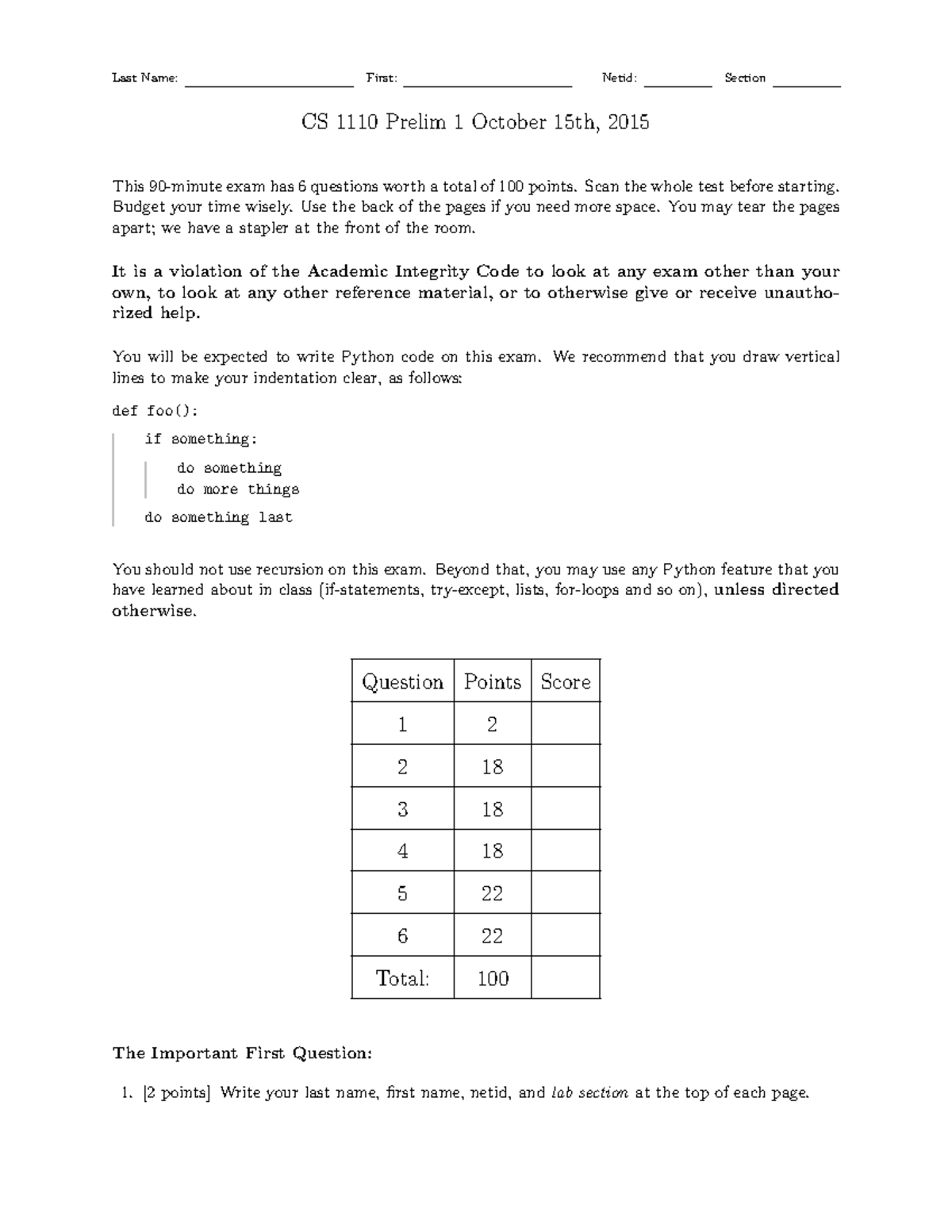 2015-fall-prelim 1 - Past Prelim 1 from CS 1110 taught by Professor ...