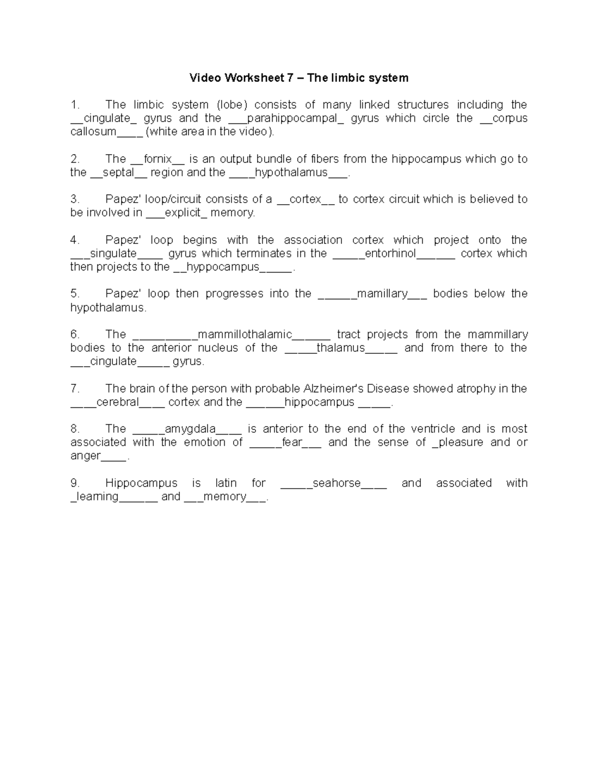 Clinical Neuropsych video 7 - Video Worksheet 7 – The limbic system The ...