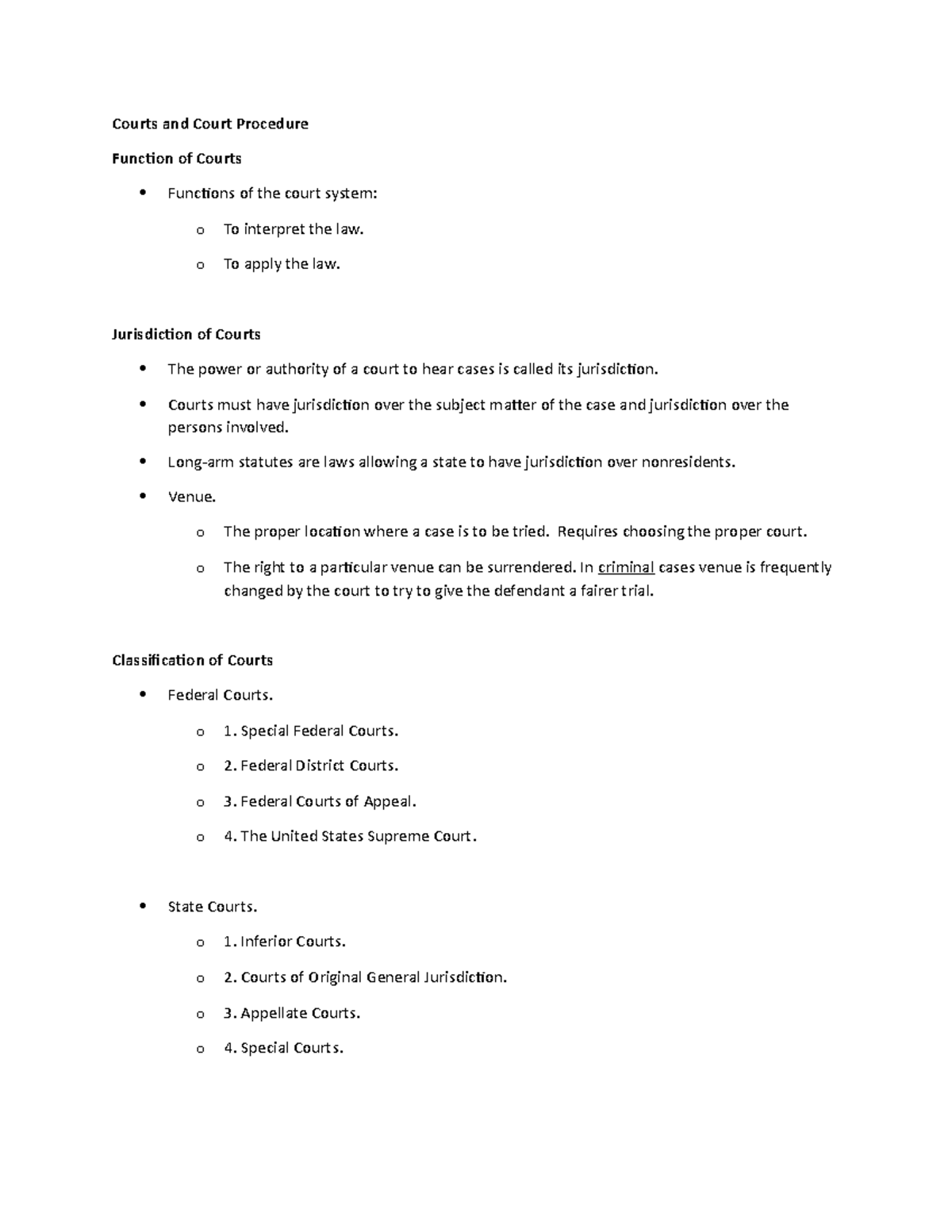 Lecture Notes 2 - Courts and Court Procedure Function of Courts ...