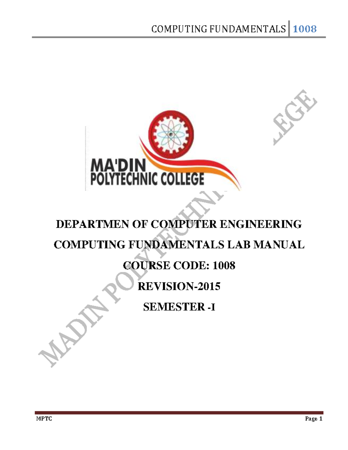 1008 Computing Fundamantals Departmen Of Computer Engineering Computing Fundamentals Lab