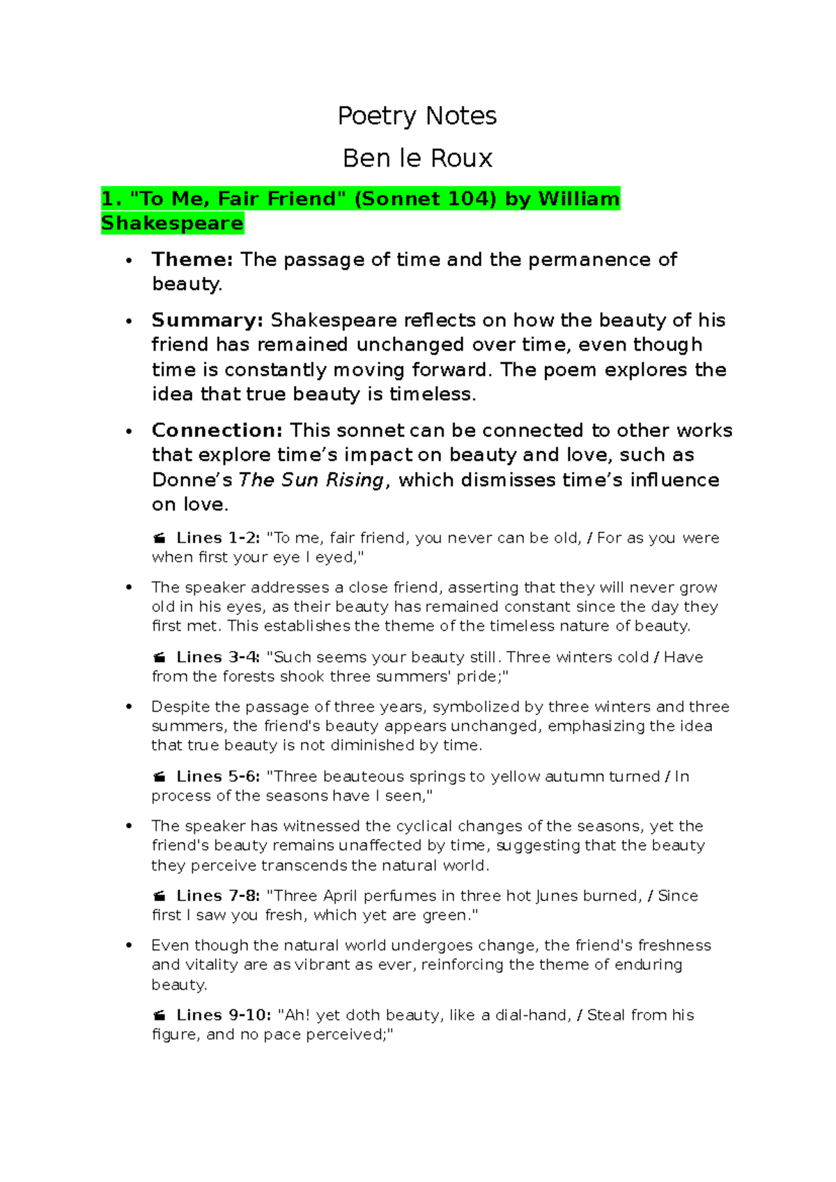 Poetry Notes - Poetry Notes Ben le Roux 1. "To Me, Fair Friend" (Sonnet ...