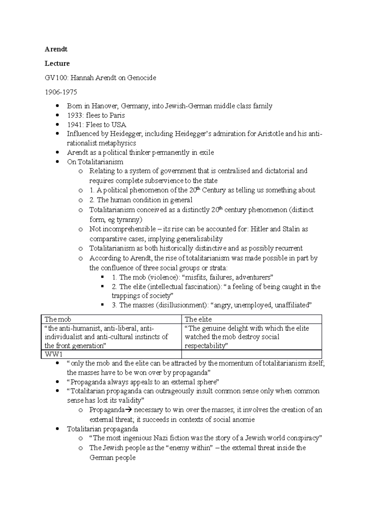 Arendt Lecture Notes - Arendt Lecture GV100: Hannah Arendt on Genocide ...