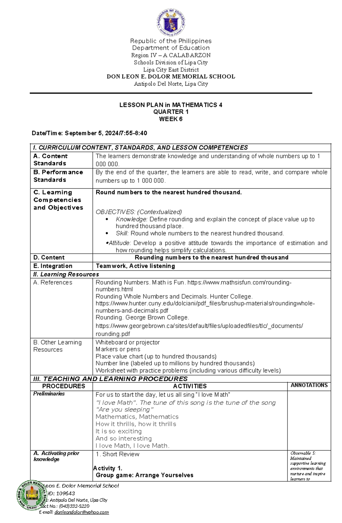 COT-MATH 1st Quarter - cot lesson plan in mathematocs \ - Department of ...