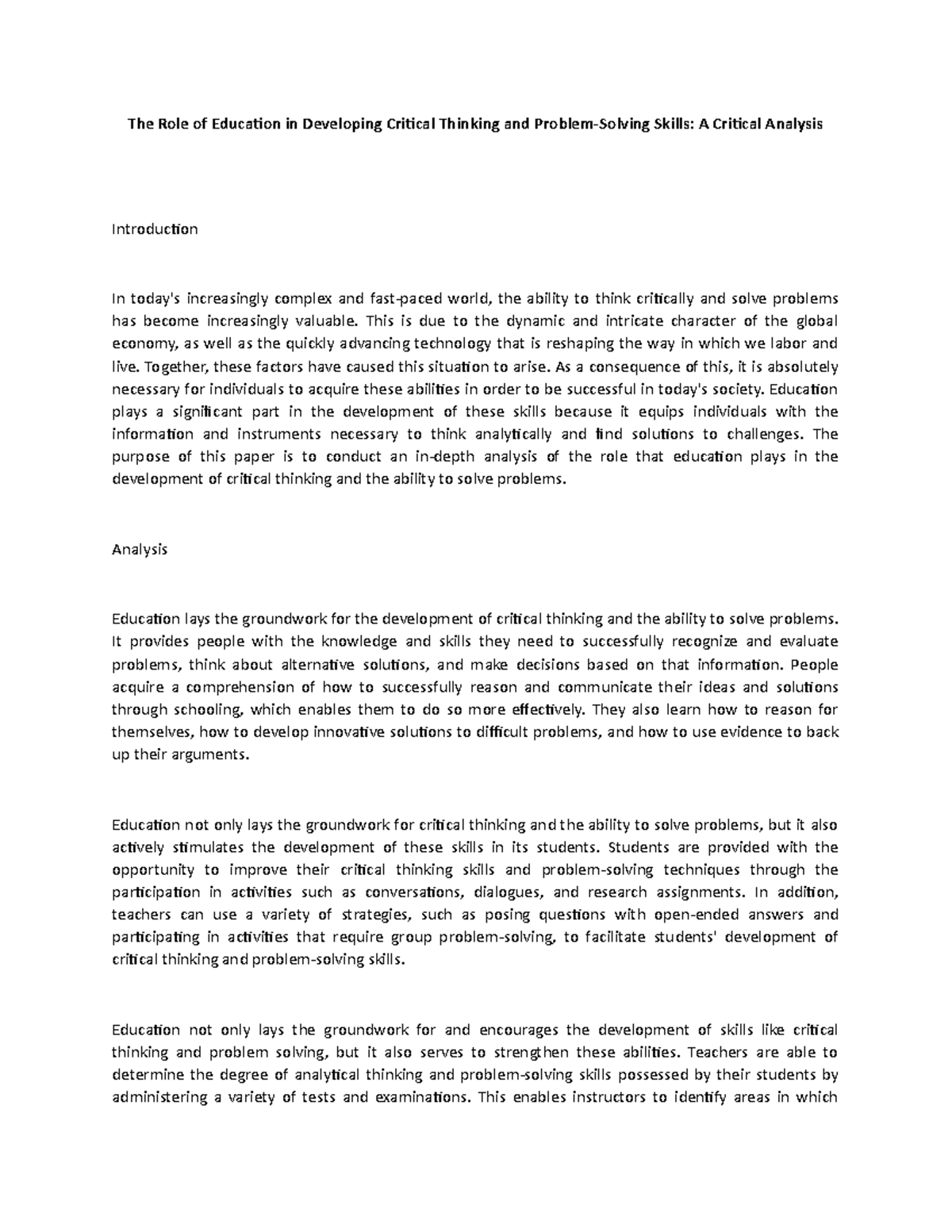 The Role of Education in Developing Critical Thinking and Problem-Solving Skills - This is due ...
