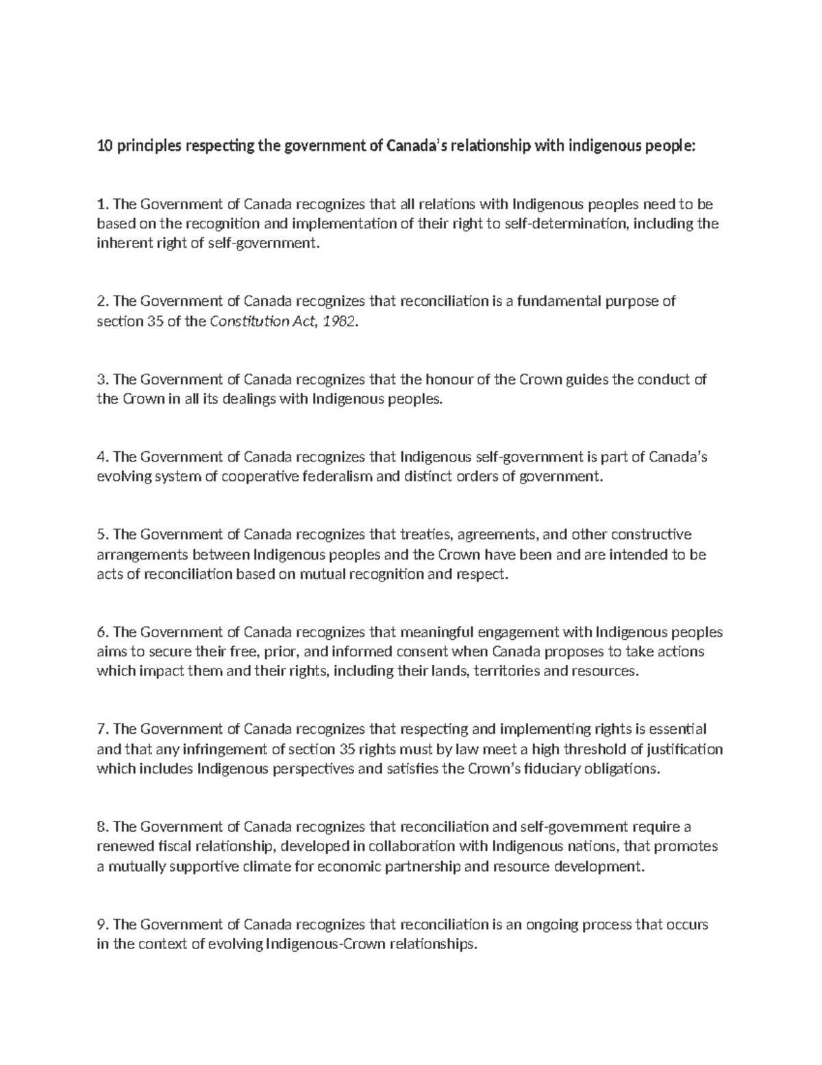 10 principles between government of Canada and indigenous people - 10 ...