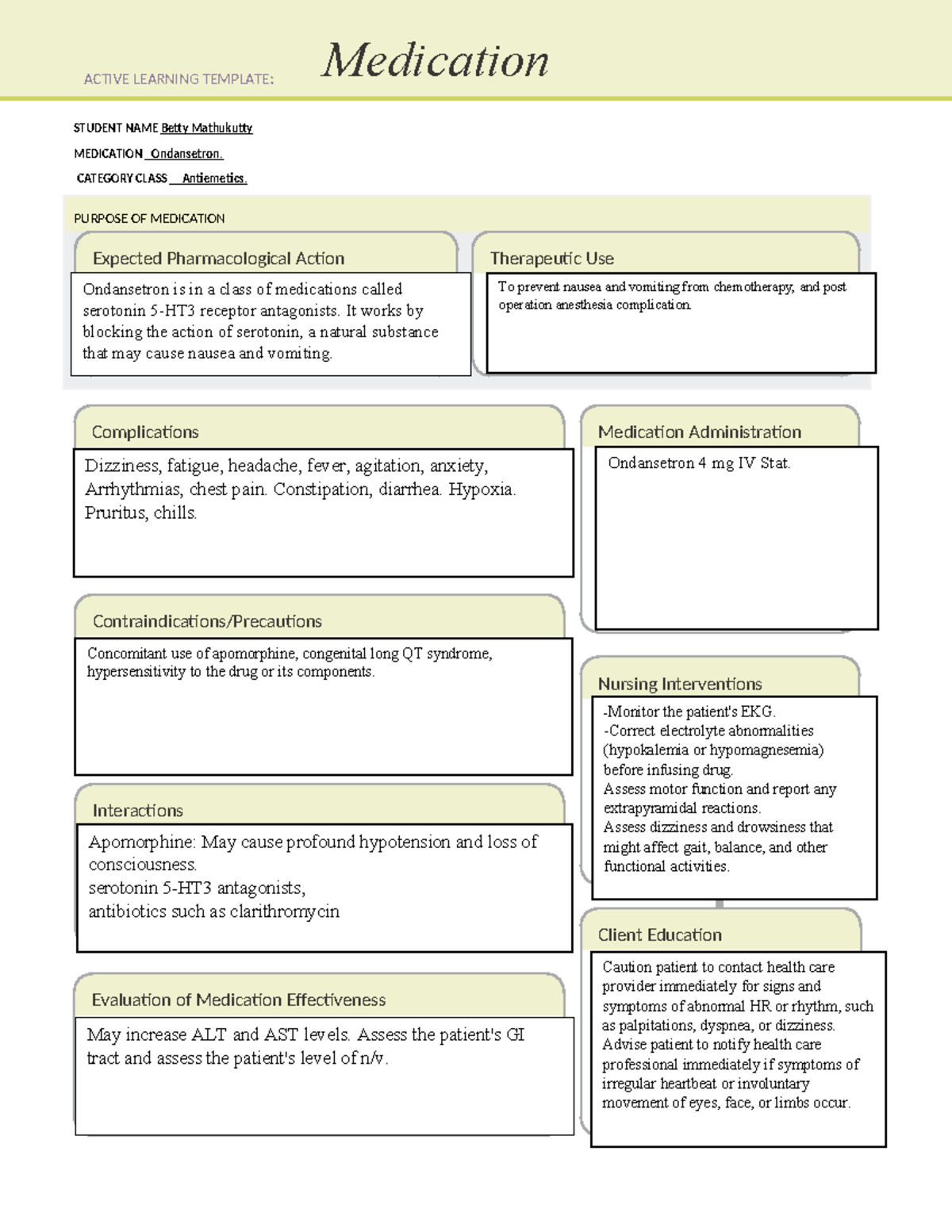 Drug Card AM - drug card - STUDENT NAME Betty Mathukutty MEDICATION ...