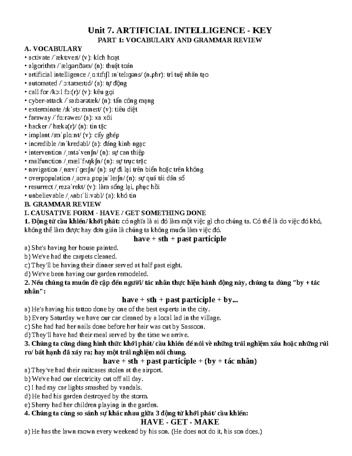 BT anh 12 thí điểm Unit 7 - KEY - Unit 7. ARTIFICIAL INTELLIGENCE - KEY PART 1: VOCABULARY AND ...
