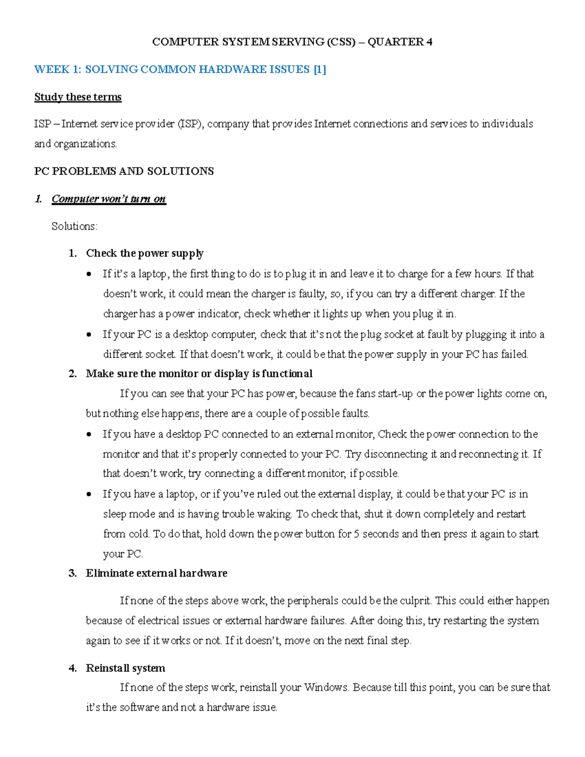 11-CSS - 4TH QUARTER REVIEWER - COMPUTER SYSTEM SERVING (CSS) – QUARTER 4 WEEK 1: SOLVING COMMON ...