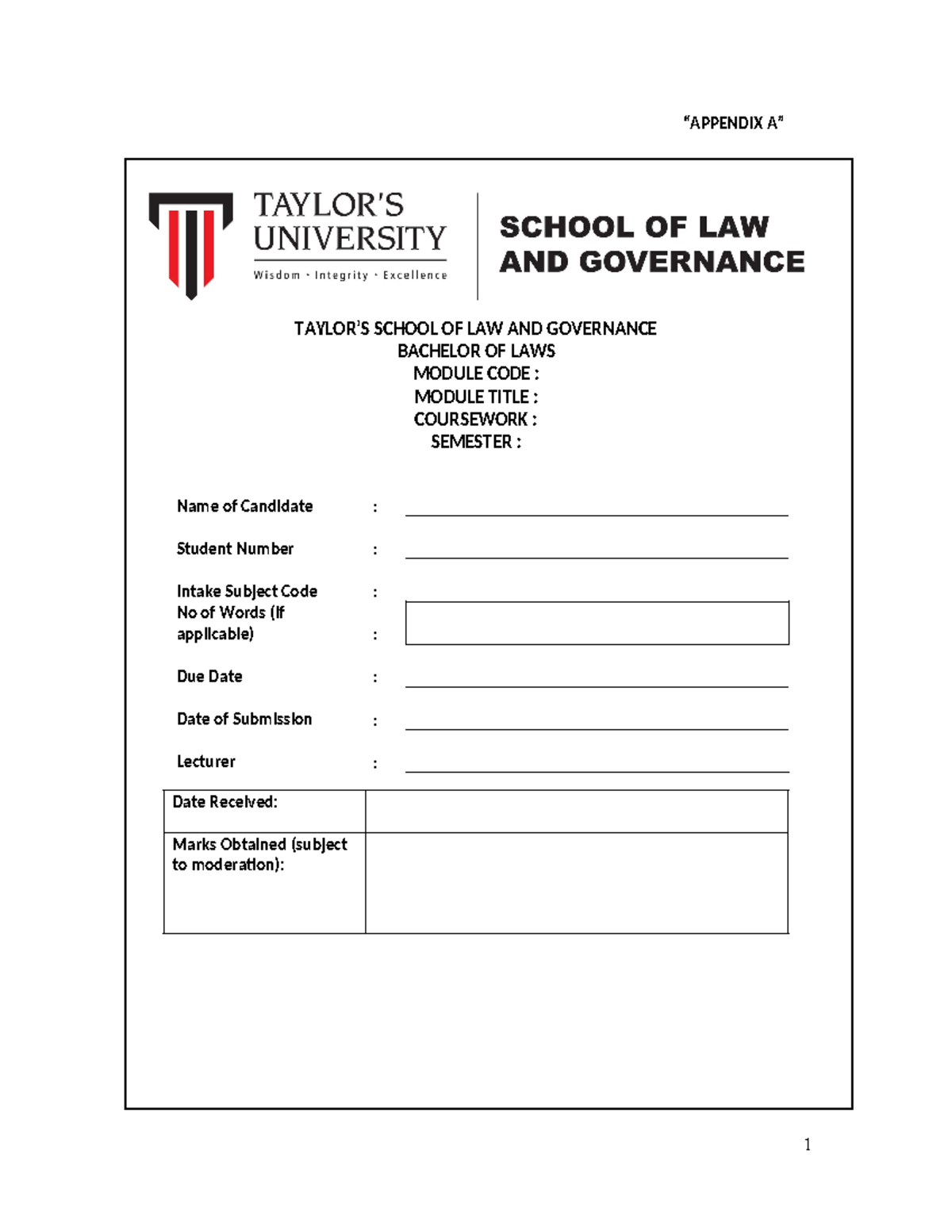 Cover Sheet - Appendix A, B - SLG - Business Law - “APPENDIX A” TAYLOR ...