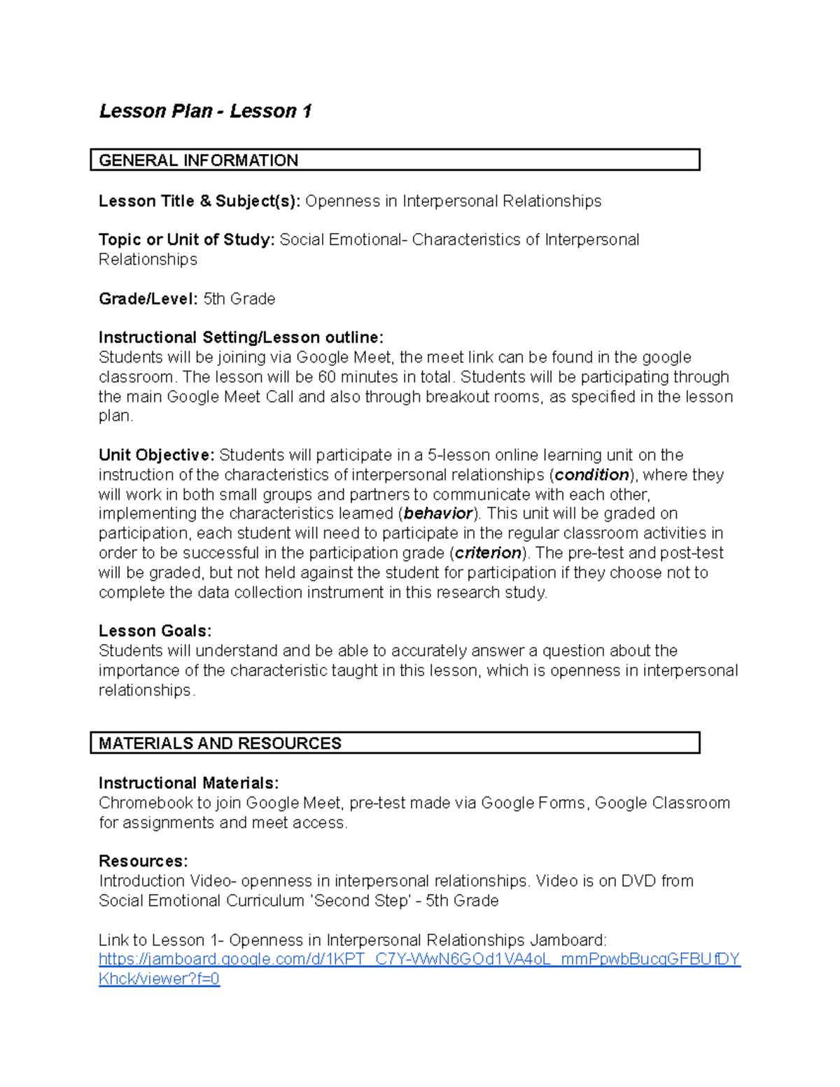 Capstone Lesson Plan Lesson 1 - Lesson Plan - Lesson 1 GENERAL ...