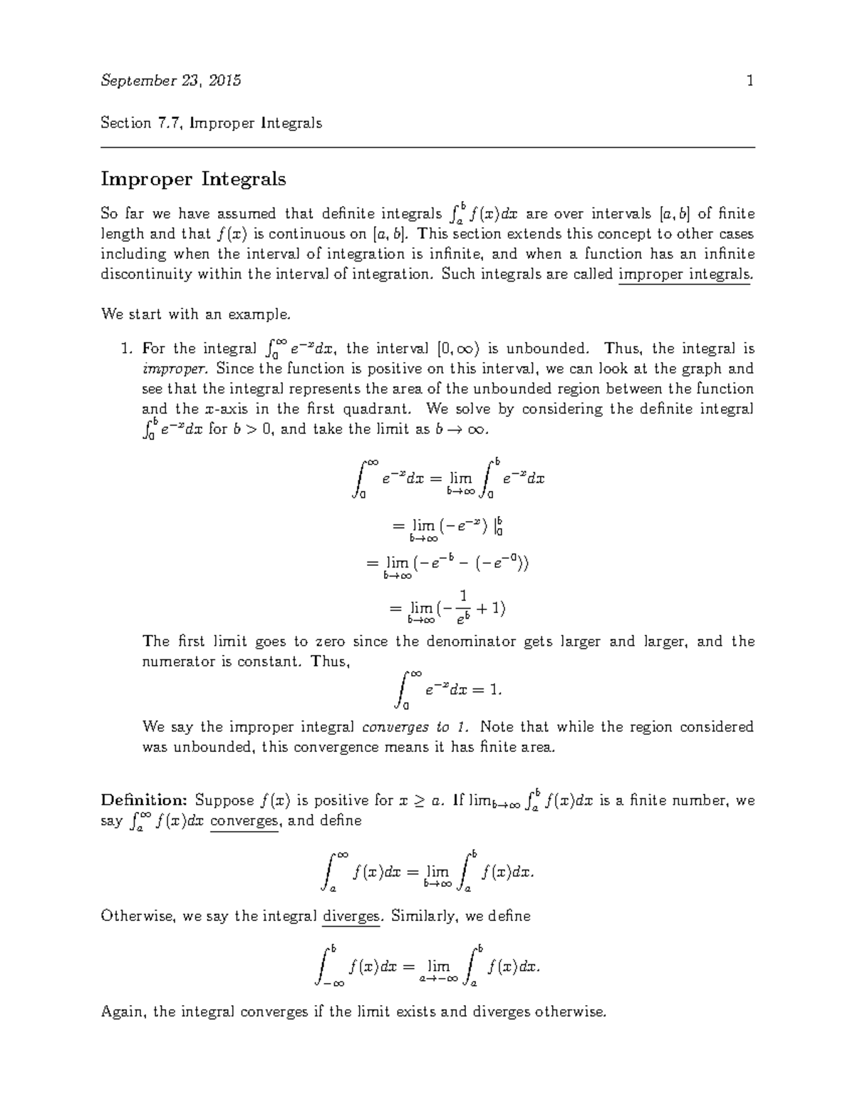 107 F15 Notes Week5 Wednesday - Section 7, Improper Integrals Improper ...