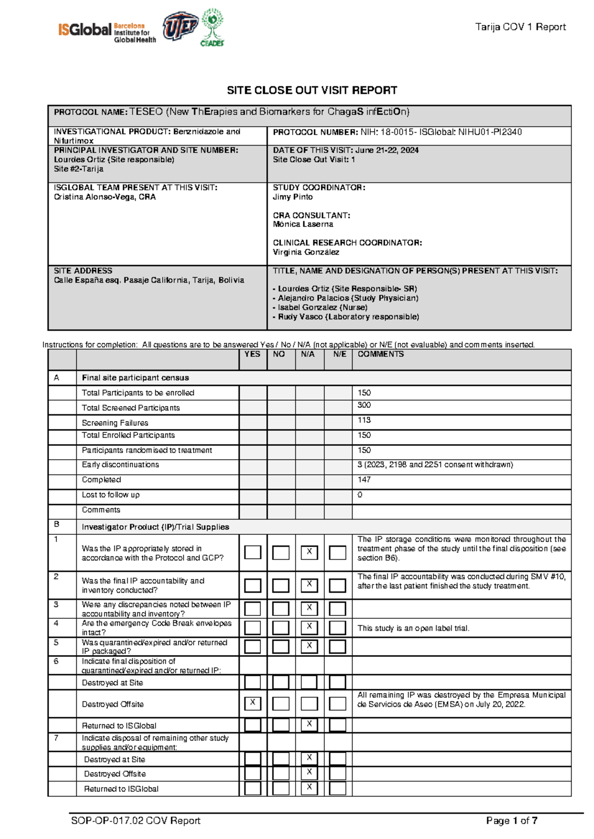 Tarija COV Report 1 FV - TEXTO - SITE CLOSE OUT VISIT REPORT PROTOCOL ...