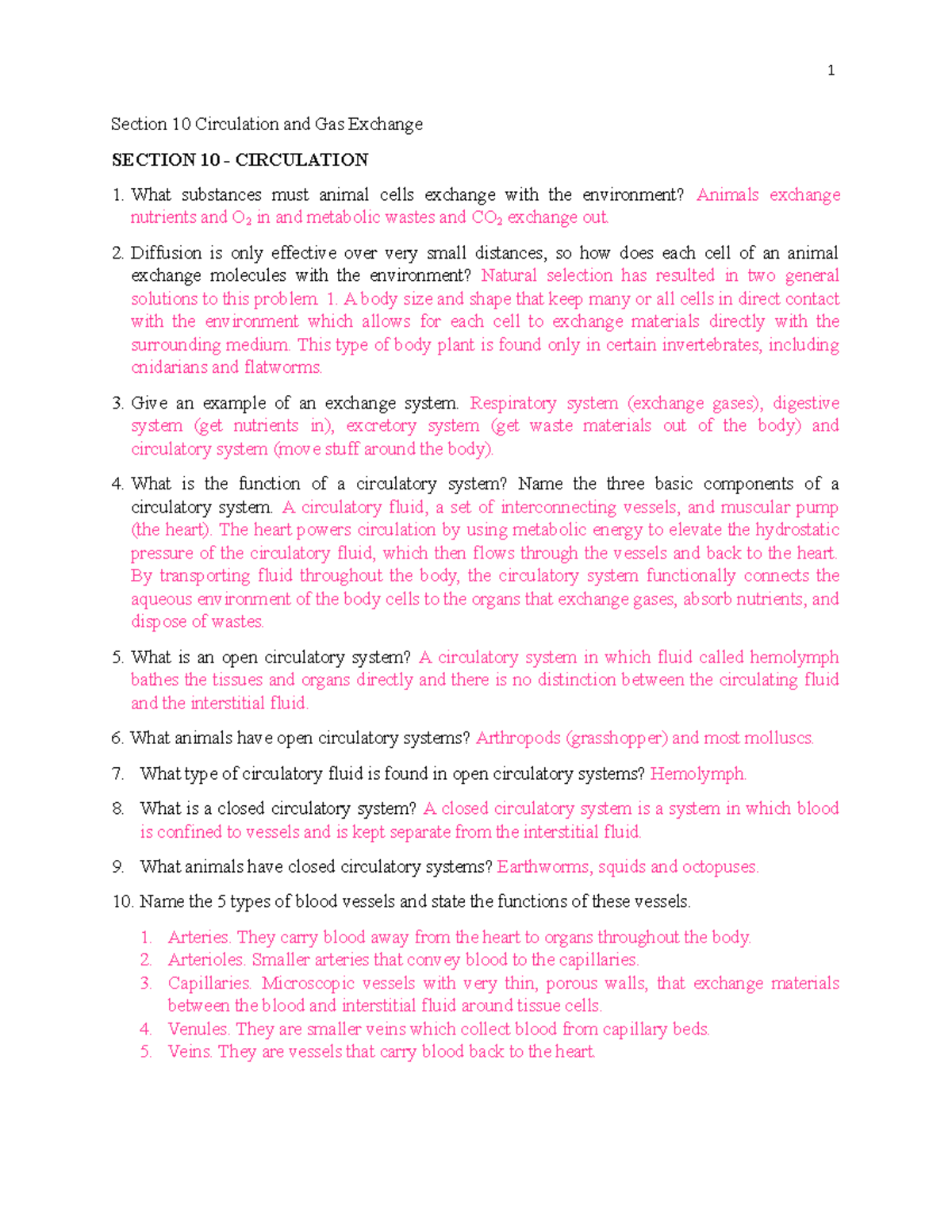 Bio sect. 10, Circulation and Gas Exchange - Section 10 Circulation and Gas Exchange SECTION 10 ...