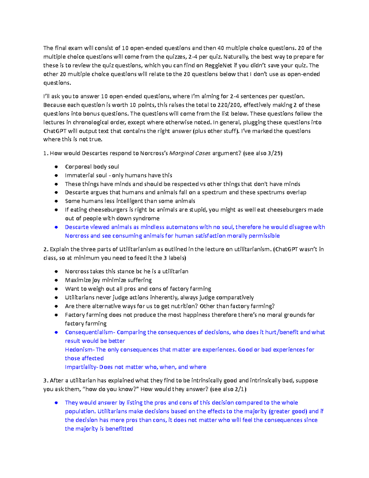 PHI 101 Final Exam Study Guide-2 - The final exam will consist of 10 ...