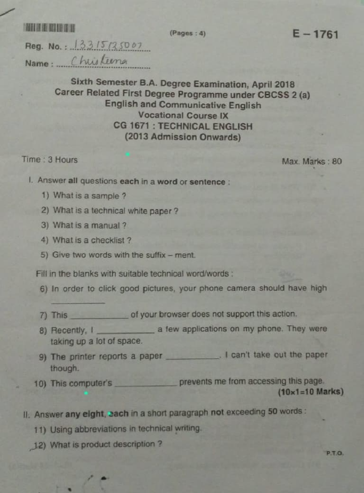 Technical Writing - Reg. No. :.S3 O Name:. Time:3 Hours Sixth Semester ...