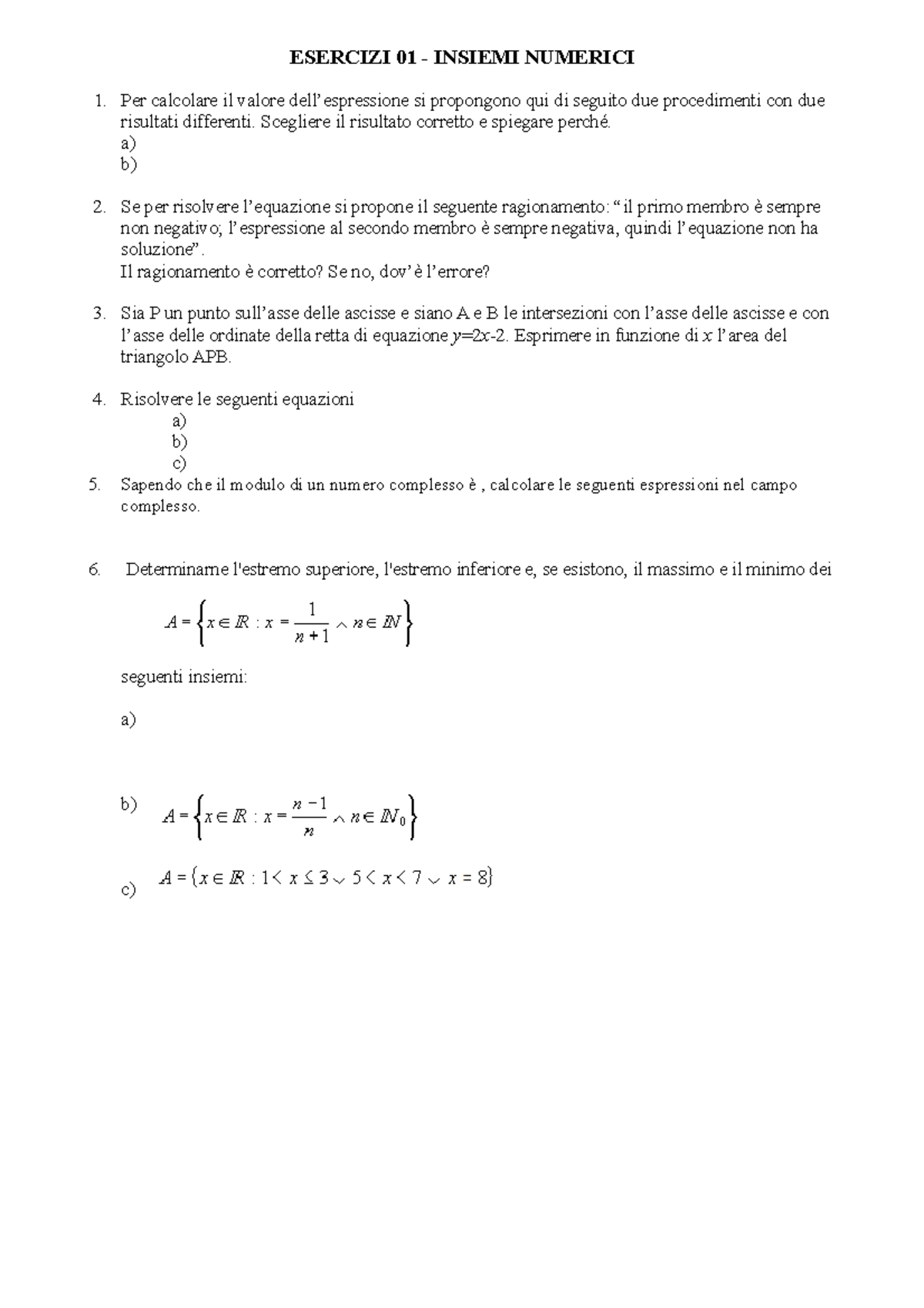 01 Esercizi Insiemi numerici - ESERCIZI 01 - INSIEMI NUMERICI Per ...