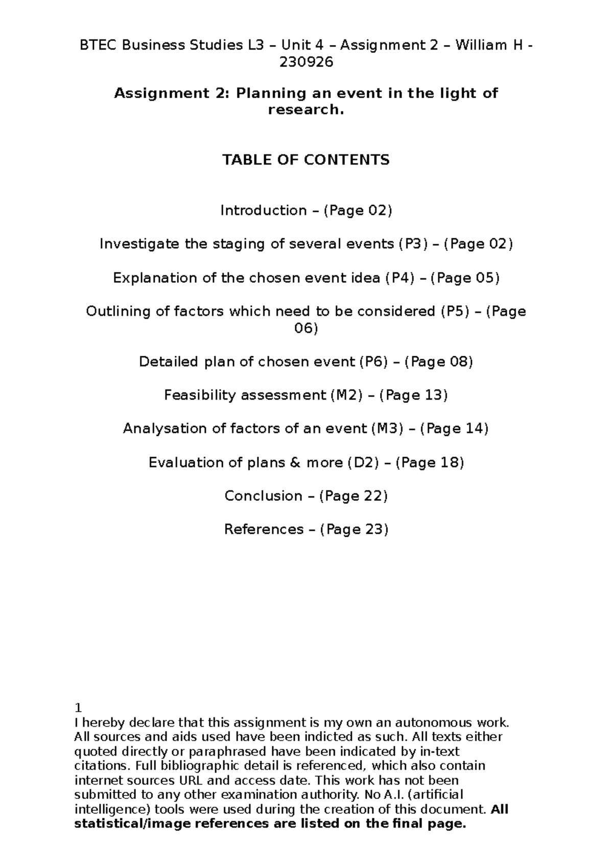 Unit 4 Assignment 2 - 230926 Assignment 2: Planning an event in the light of research. TABLE OF ...