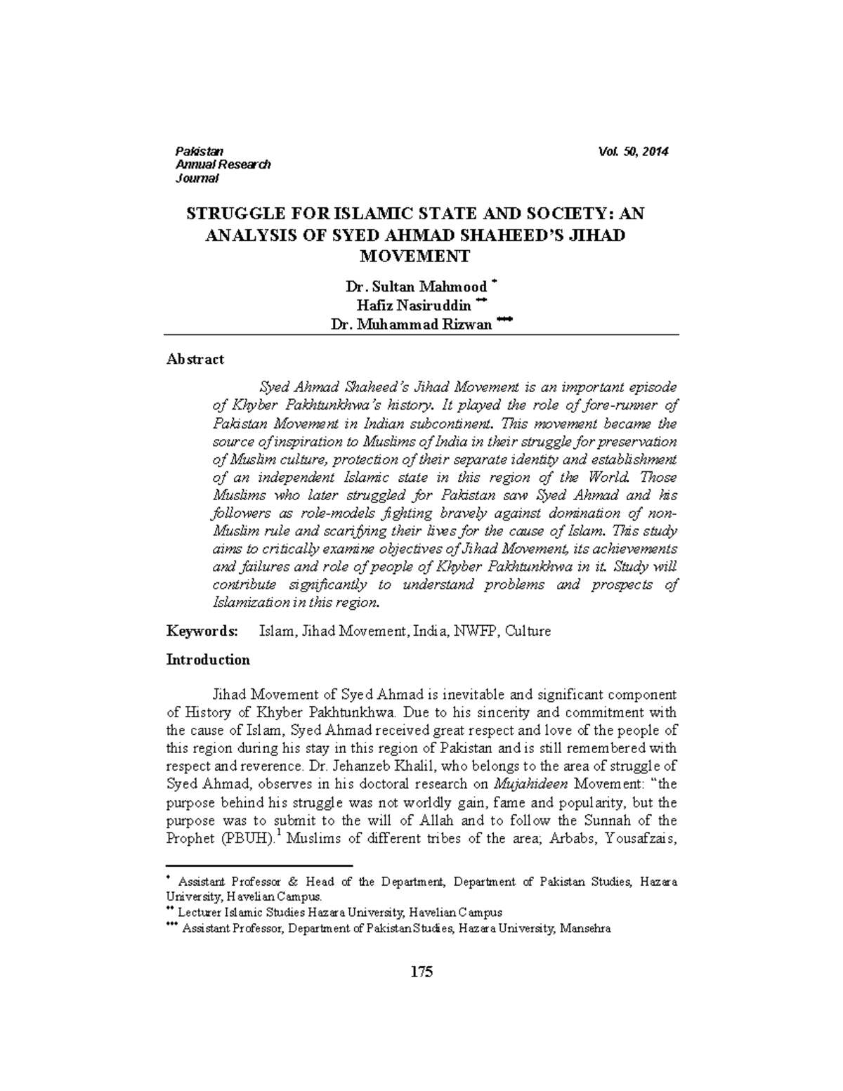 Sir Syed Ahmed Shaheed - STRUGGLE FOR ISLAMIC STATE AND SOCIETY: AN ...