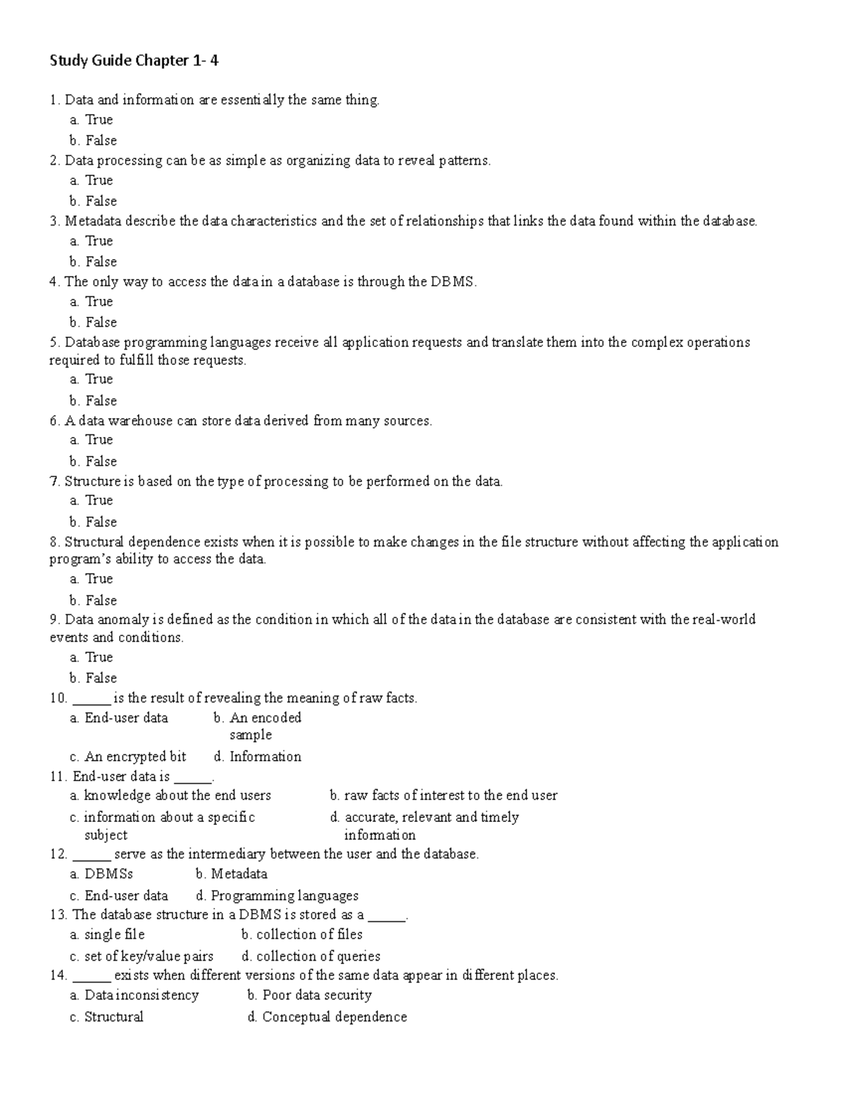 IT 507 database design - Study Guide Chapter 1- 4 Data and information ...