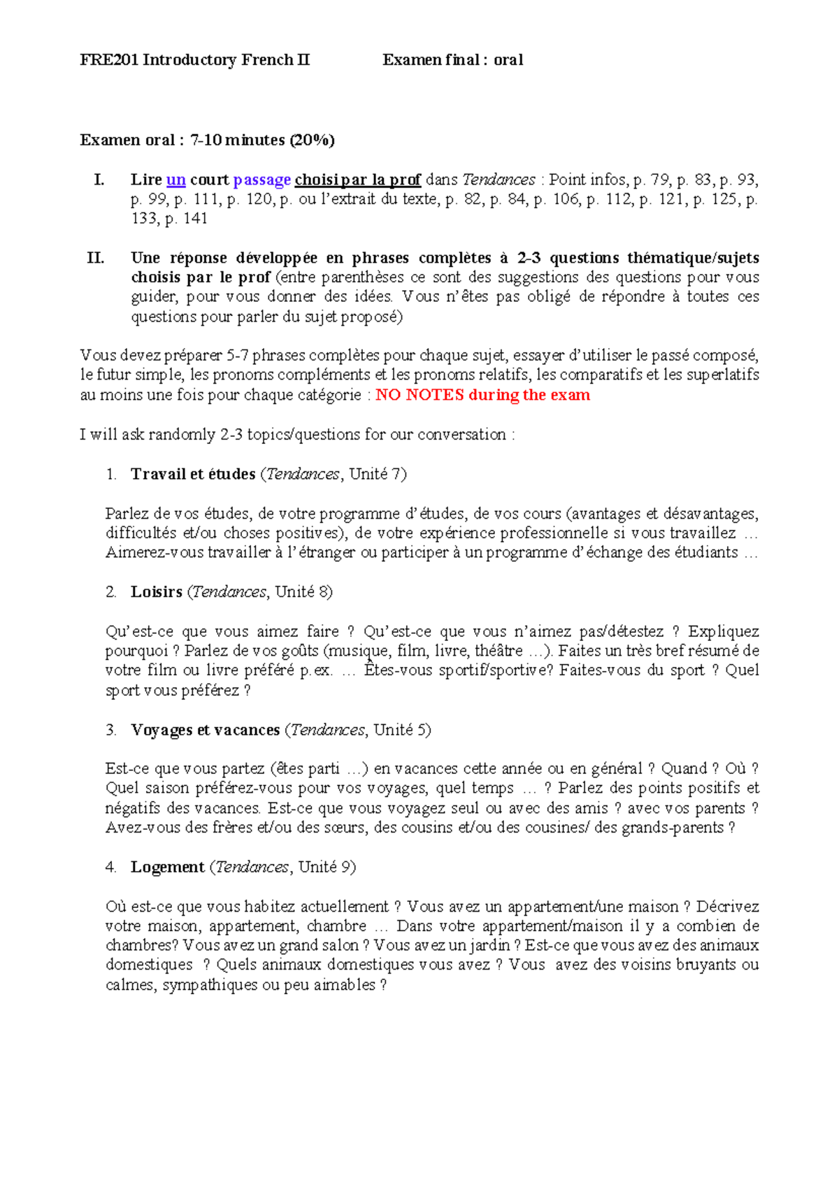 FRE201 Examen oral questions et consignes - FRE2 01 Introductory French ...