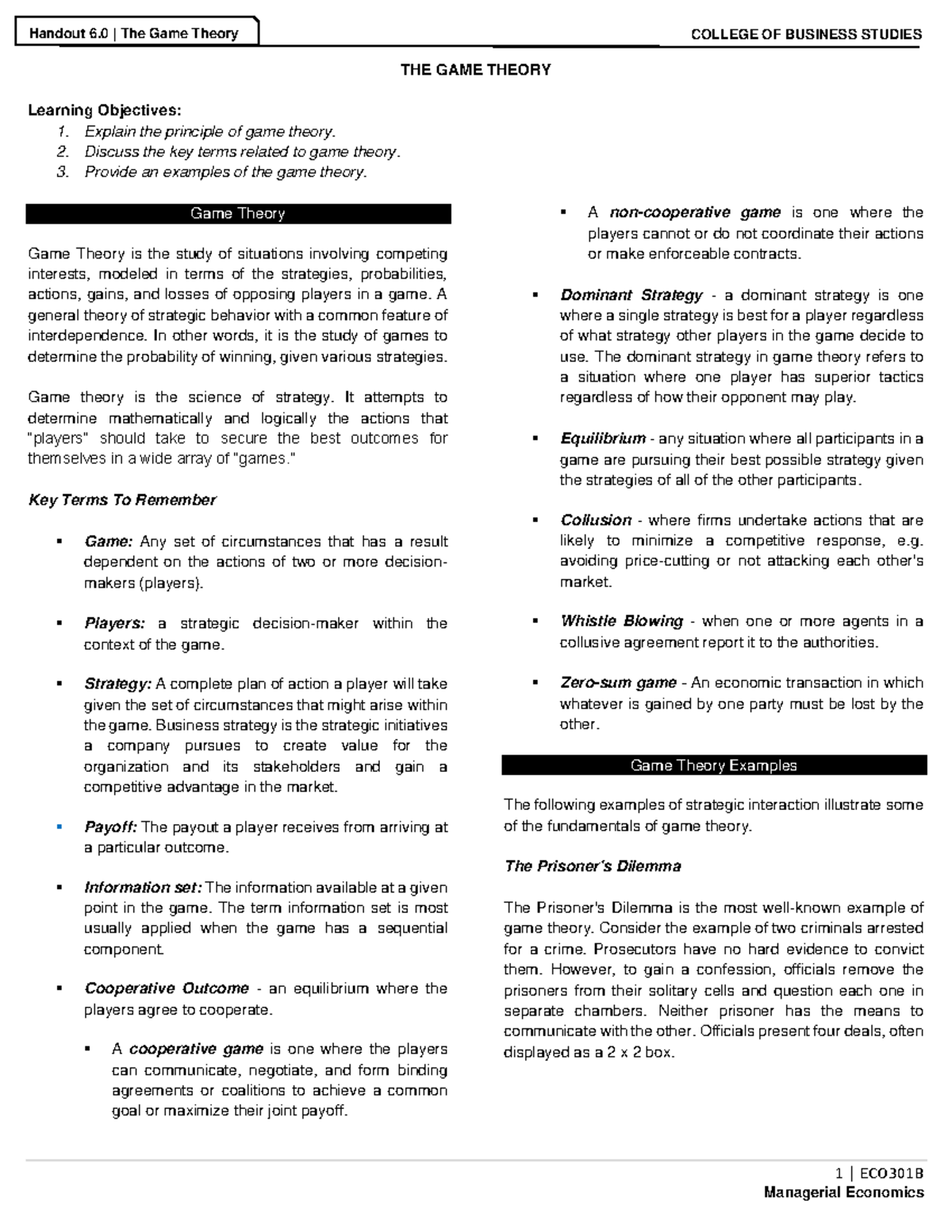Handout 6.0 - The Game Theory - Handout 6 .0 | The Game Theory COLLEGE ...