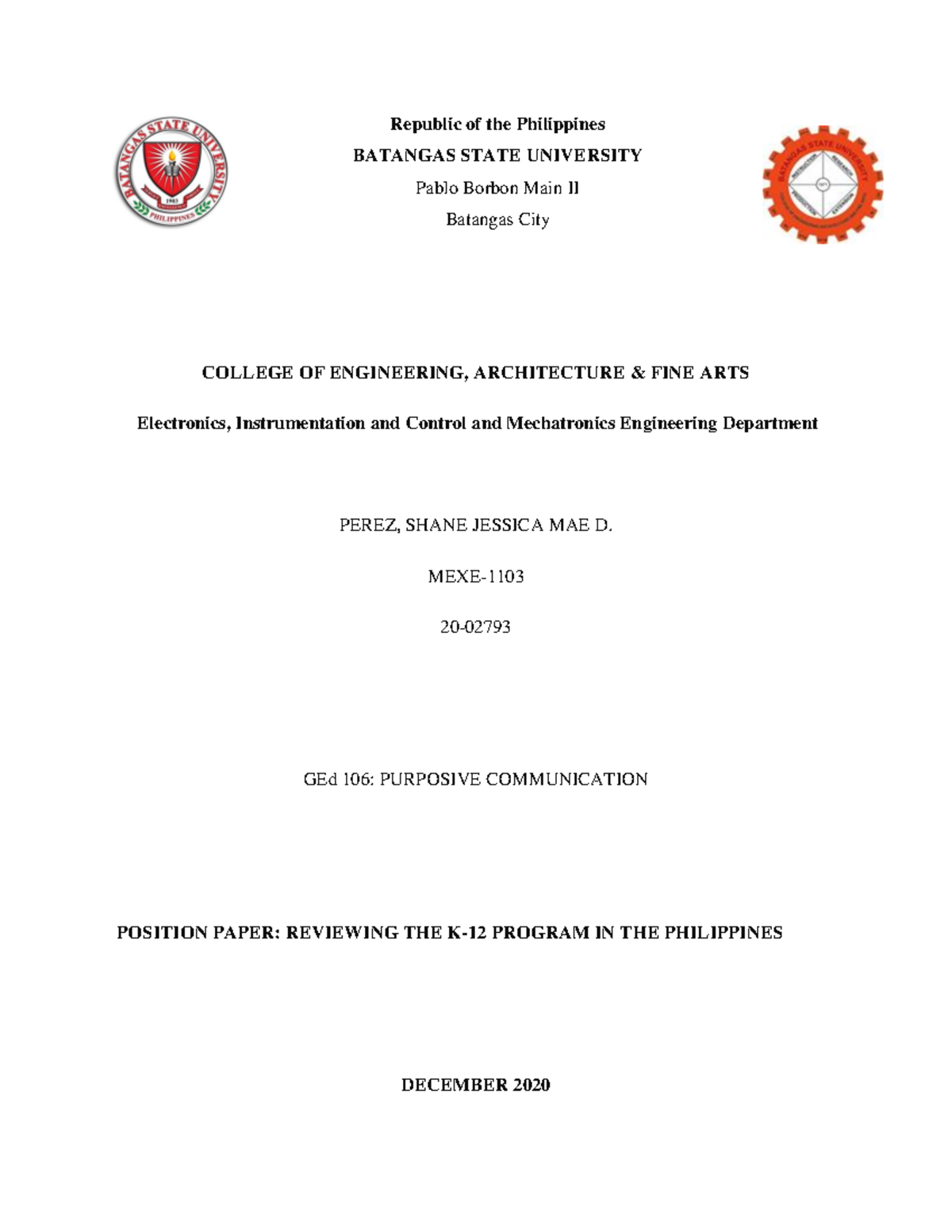 POSITION PAPER: REVIEWING THE K-12 PROGRAM IN THE PHILIPPINES ...
