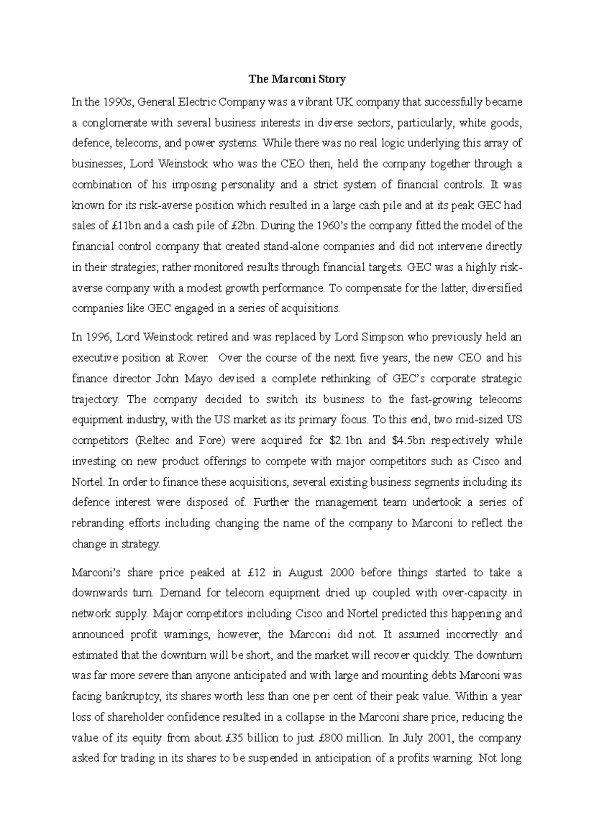 Seminar 2 - The Marconi Story In the 1990s, General Electric Company ...