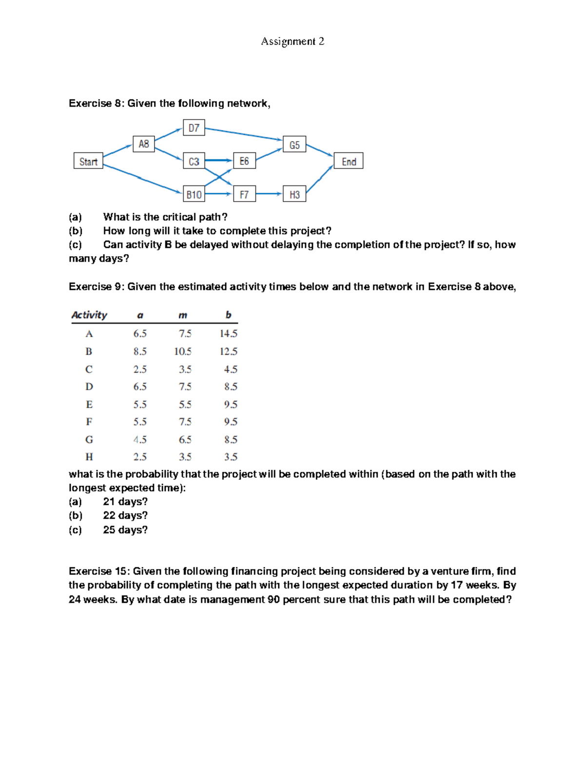 Assignment 2- PERT - Assignment 2 Exercise 8: Given the following network, (a) What is the ...