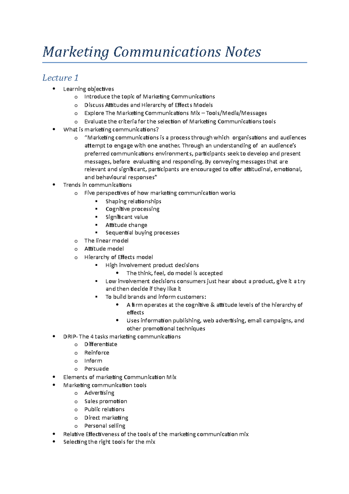 Marketing Communications Notes - Marketing Communications Notes Lecture ...
