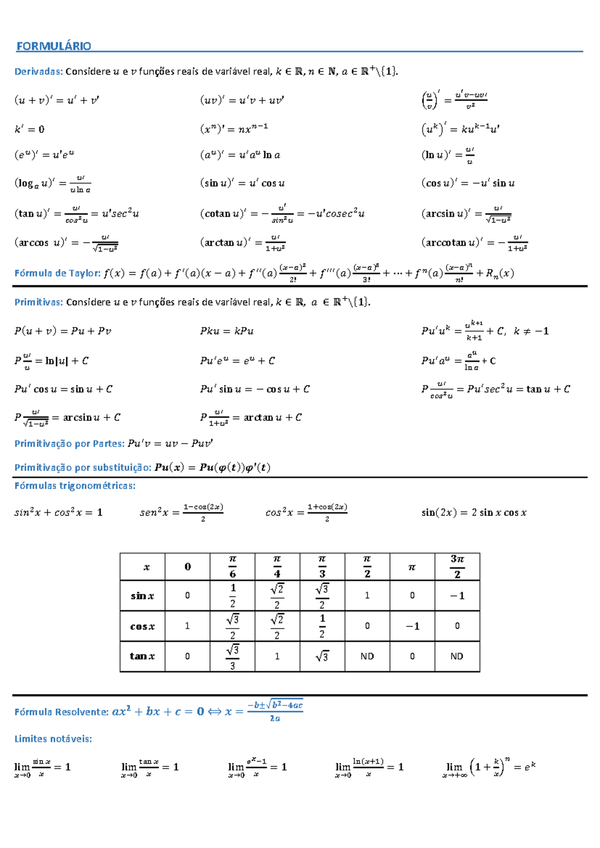 Formulário Matemática Finanças - - Studocu
